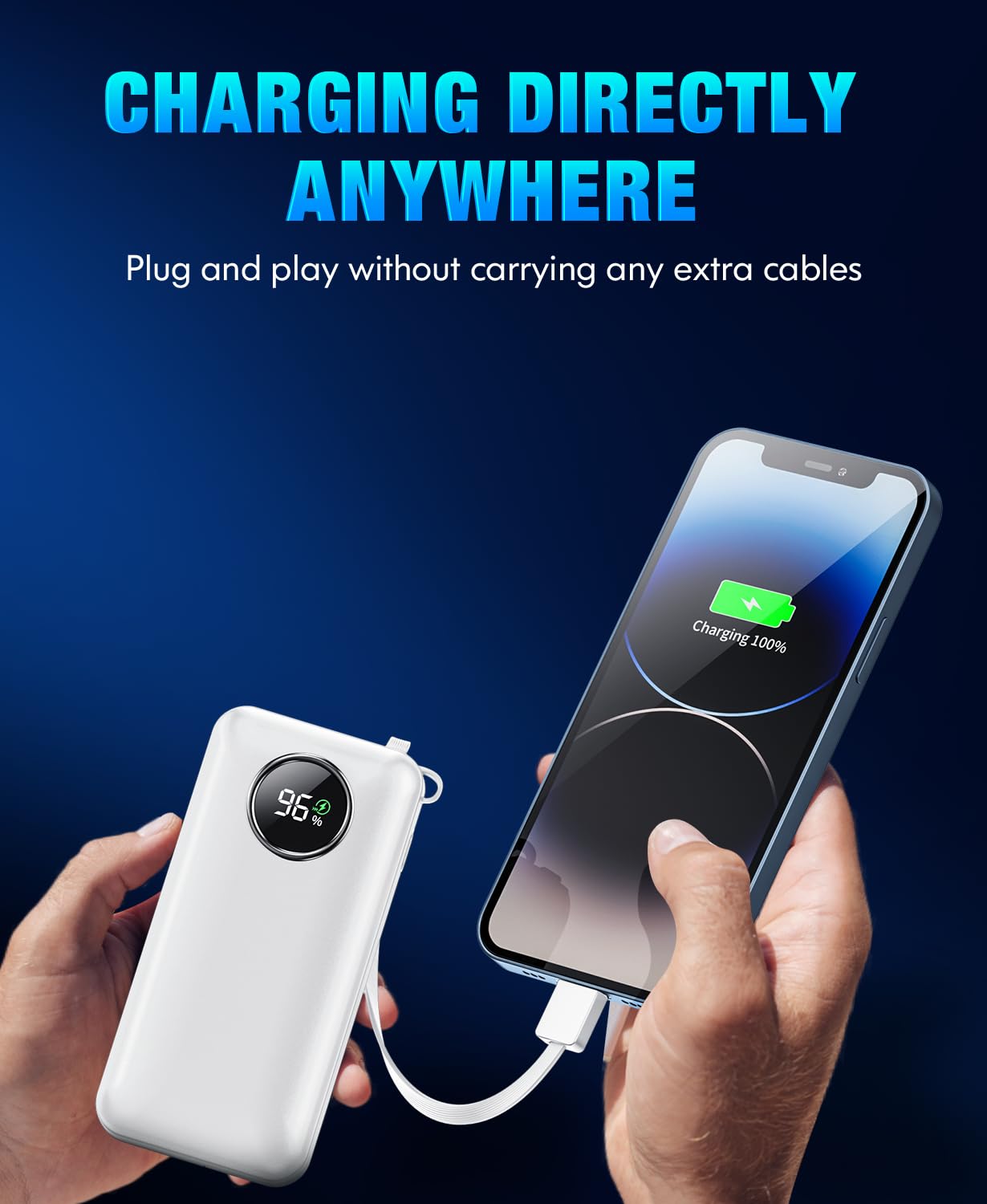 Portable-Charger-Power-Bank - 15000mAh PD 30W Power Bank, Built in Type-C(30W) and iOS(20W) Output Cables LED Display for iPhone and Android Phones and Most Electronic Devices(White)