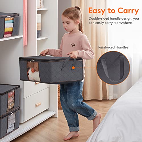 Lifewit Clothes Storage Bag Foldable Storage Bin Closet Organizer with Reinforced Handle Sturdy Fabric Clear Window for Sweaters, Coats, T-shirts, Blankets, 3 Pack, Grey