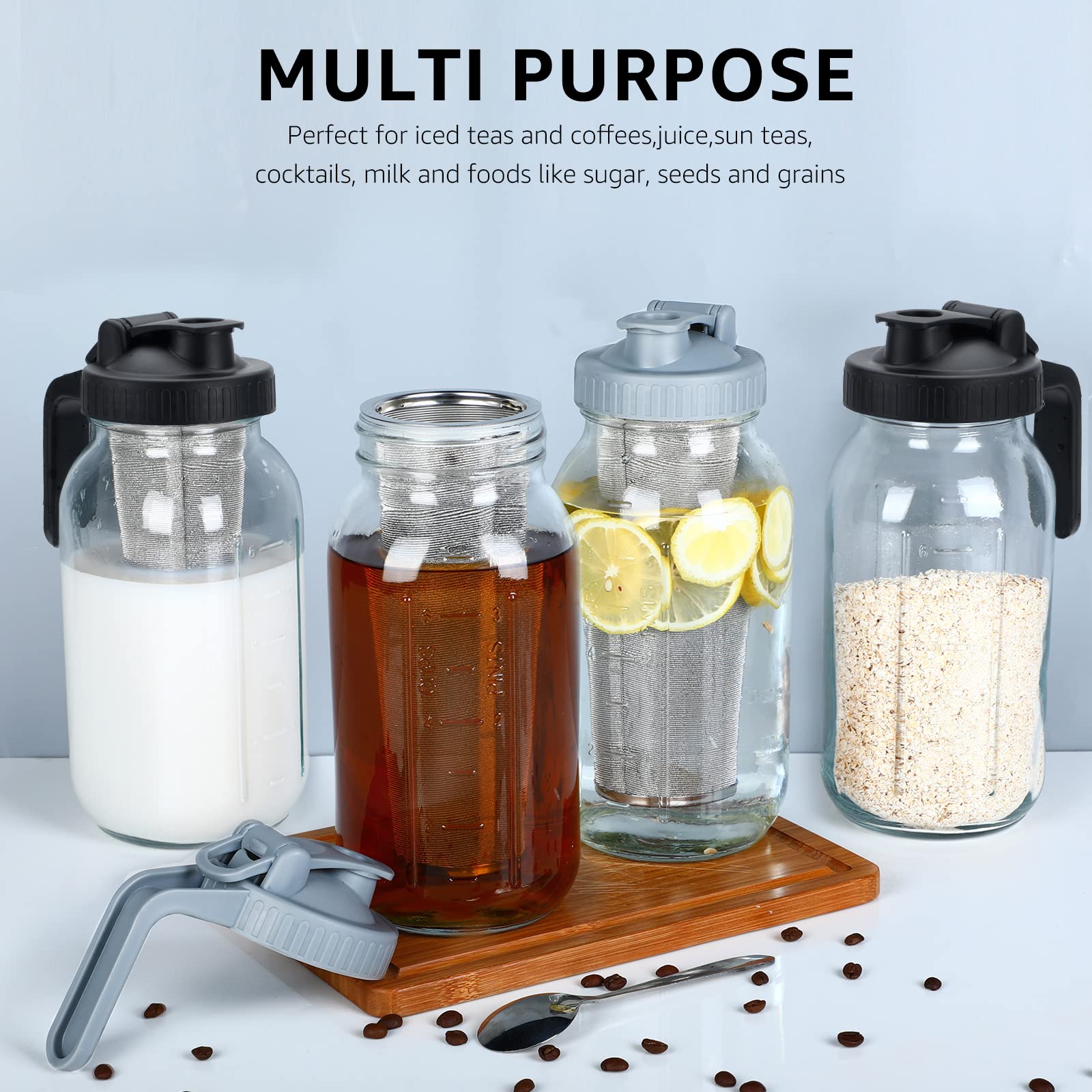 Cold Brew Coffee Maker Pitcher - 64oz Iced Coffee Maker with Stainless Steel Mixing Spoon & Super Dense Filter 3 Steps Finish, Classic BPA Free Sturdy Mason jar Pitcher with Gray Lid Easy to Clean