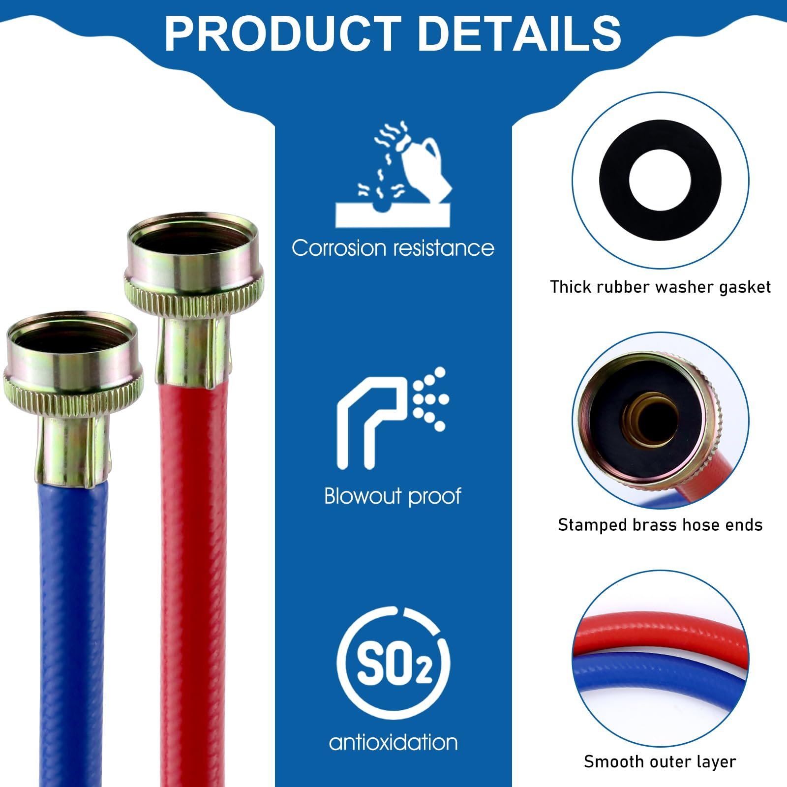 Washer Hoses 4FT,Rubber Washing Machine Hoses 3/4 Washer Machine Hoses 2 packs,Burst Proof Water Supply Lines βfor Hot and Cold Water Washer Hoses,Universal for All Standard Wash Machines-by MIFLUS
