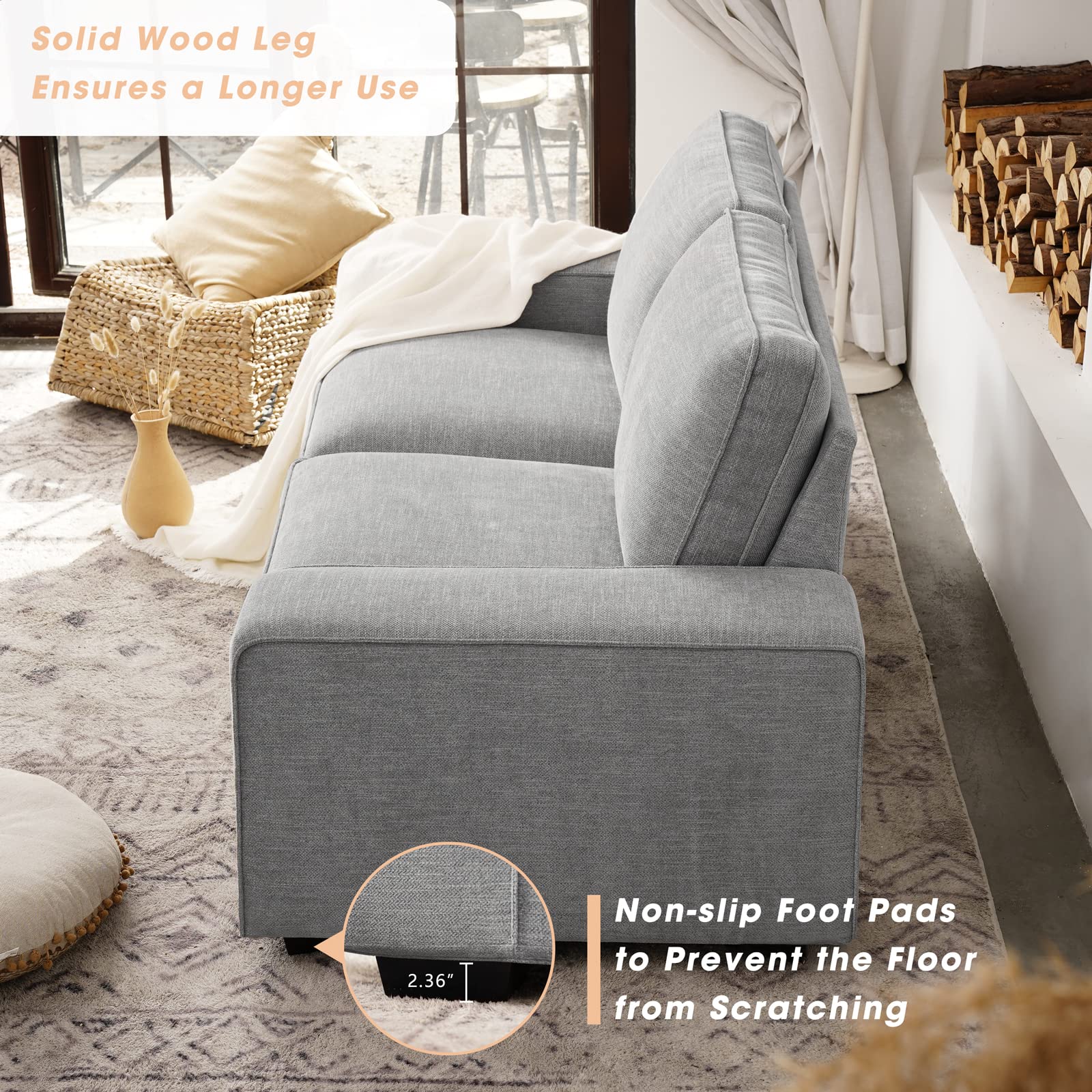 LEISLAND 88.58" Modern Sofas Couches for Living Room, Chenille Sofas & couches with Square Armrest, Removable Low-Back Sofa Cushion and Detachable Sofa Cover/Easy to Install(Light Grey)