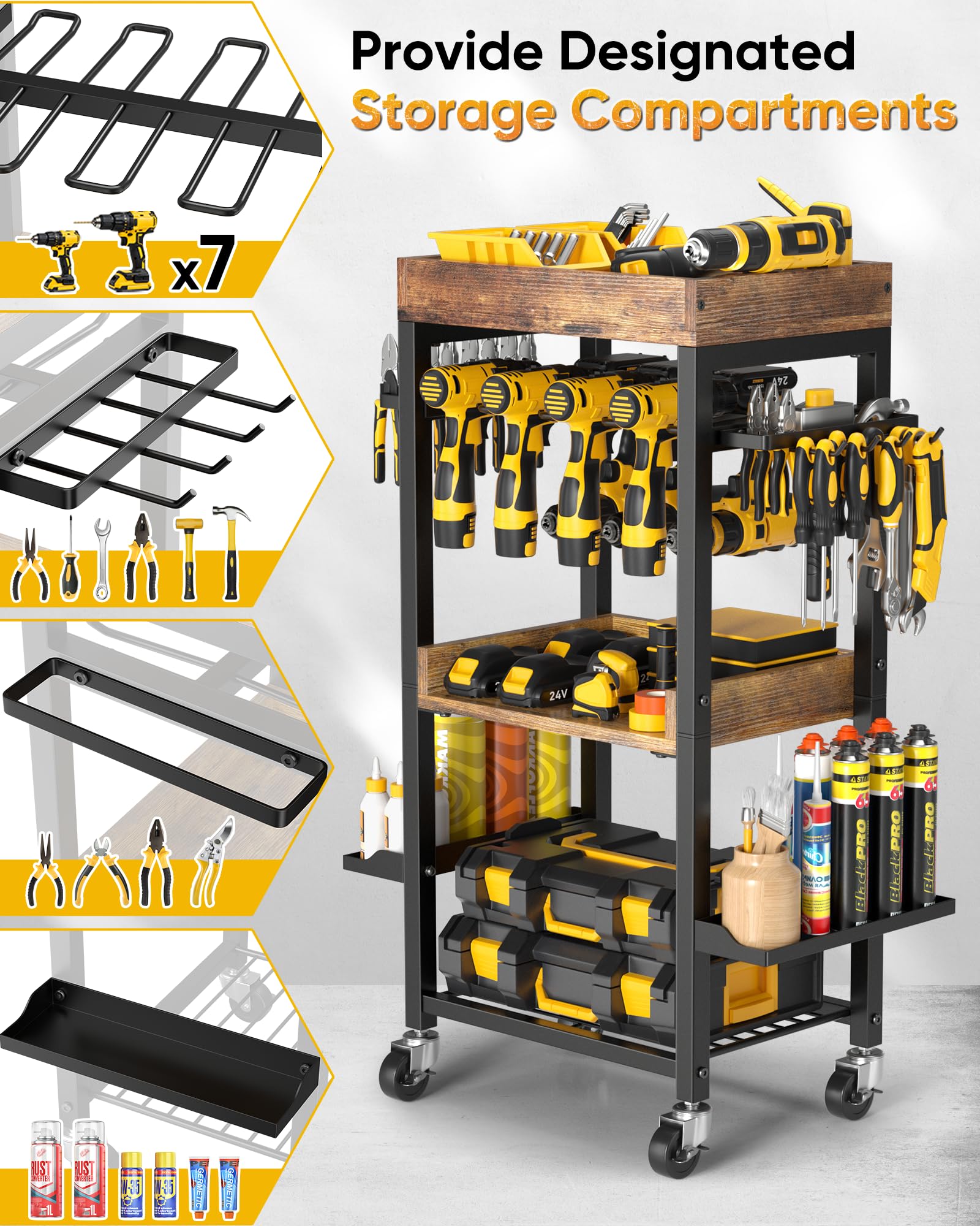 POKIPO Power Tool Cart, Heavy Duty Garage Shelving with Wheels, Movable Tool Box Cart Chest Organizer for Mechanic and Man Gift, Cordless Tool Storage for Garage and Garden