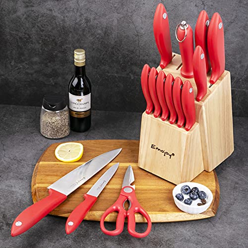Knife Set 15-Piece Kitchen Knife Set with Block Wooden,Chef Knife Set with Sharpener,High Carbon Stainless Steel Knife Block Set by Emojoy,Red