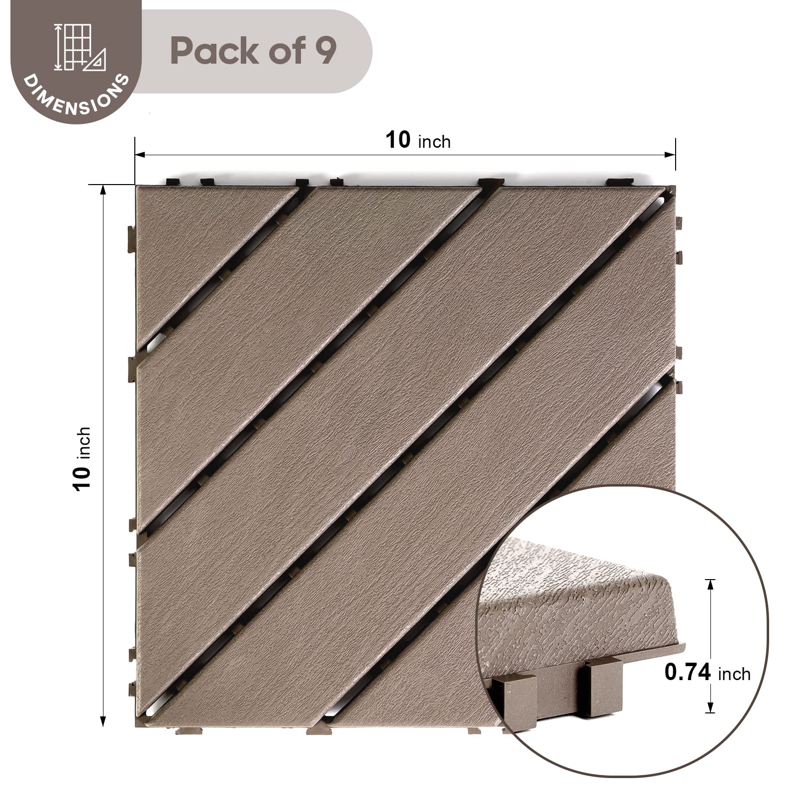 Chaoaixx Plastic Interlocking Deck Tiles,9 Pack Patio Deck Tiles Patio Deck Tiles Waterproof Outdoor Flooring, 10" x 10" Patio Floor Decking Tiles for Porch Poolside, Wood Grain Brown
