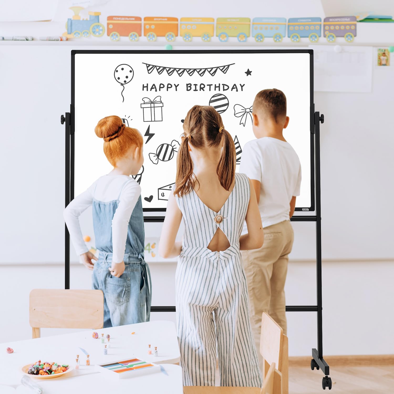 Dry Erase Board White Board - TANKEE 48 x 32 Inches Height Adjustable Rolling Mobile Whiteboard on Wheels, Large Double-Sided Reversible Magnetic White Board with Stand, for Office Classroom Home