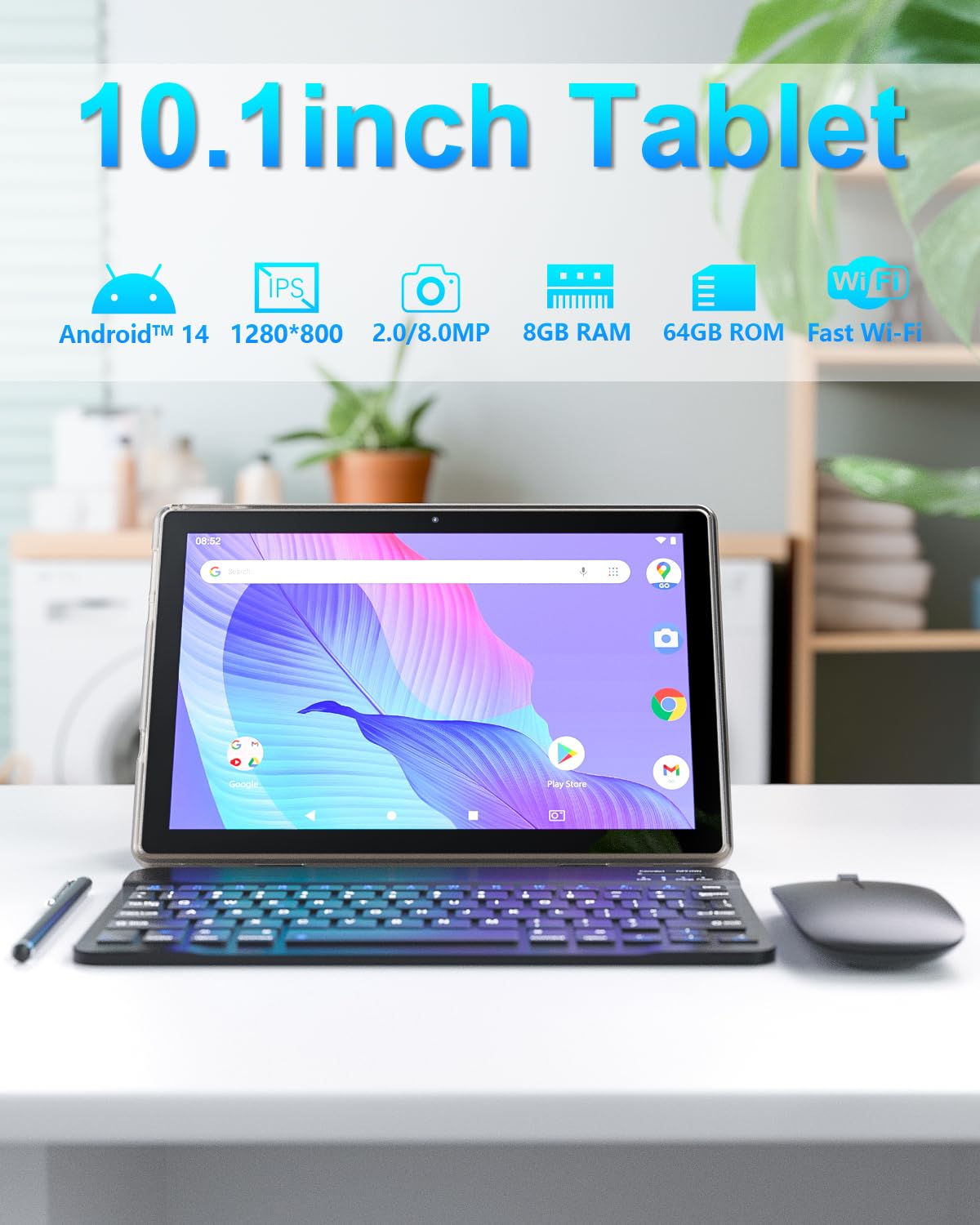 ATOZEE Tablet 10 Inch Android 14 Tablet with Keyboard Tablets Include Case Mouse Stylus 8GB RAM 64GB ROM 1TB Expandable Tablet 2MP+8MP Dual Camera 6000mAh Battery 5G WiFi-6 Bluetooth 2 in 1 Tablet PC