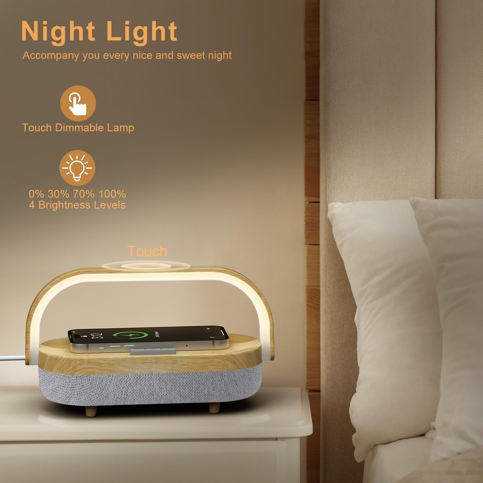 iGaur LED Bedside Lamp, Touch Lamps for Bedroom Nightstand, 4 in 1 Bedside Table Lamp with Wireless Charger, Portable Bluetooth Speaker, Phone Holder, Dimmable Charging Birthday Gifts for Women