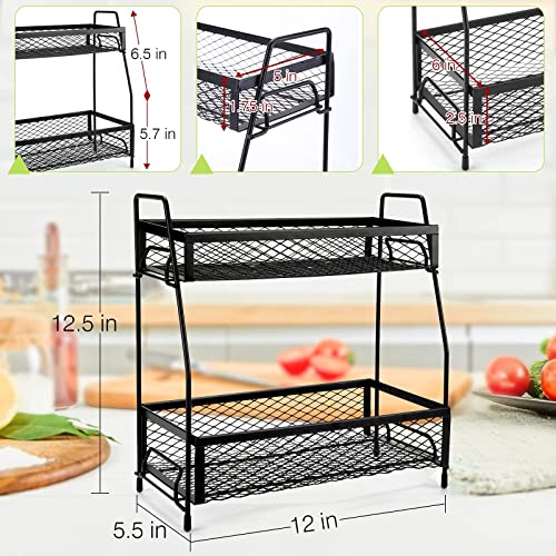 Spice Rack Organizer for Countertop, 2 Tier Metal Foldable Non-Slip Countertop Organizer, Countertop Spice Rack for Kitchen Bathroom Countertop(Black)