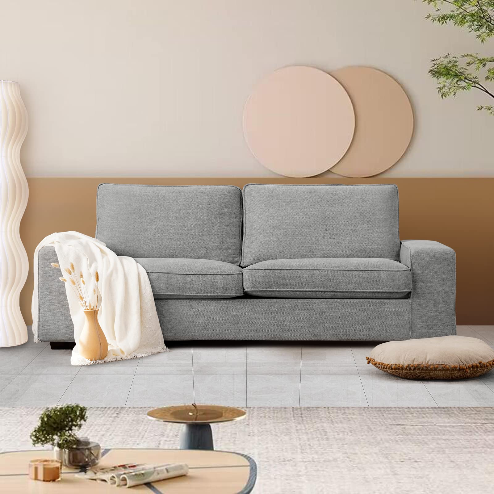 LEISLAND 88.58" Modern Sofas Couches for Living Room, Chenille Sofas & couches with Square Armrest, Removable Low-Back Sofa Cushion and Detachable Sofa Cover/Easy to Install(Light Grey)