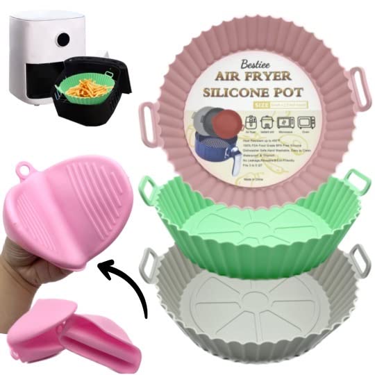 Bestiee 3-Pks Reusable Air Fryer Liners with Mitten | Fits for 3 to 7 QT | 8" Round Thick Non-Stick Food Grade Air Fryer Silicone Liners | Non-Flammable Air Fryer Liners Reusable | Green,Pink,Gray
