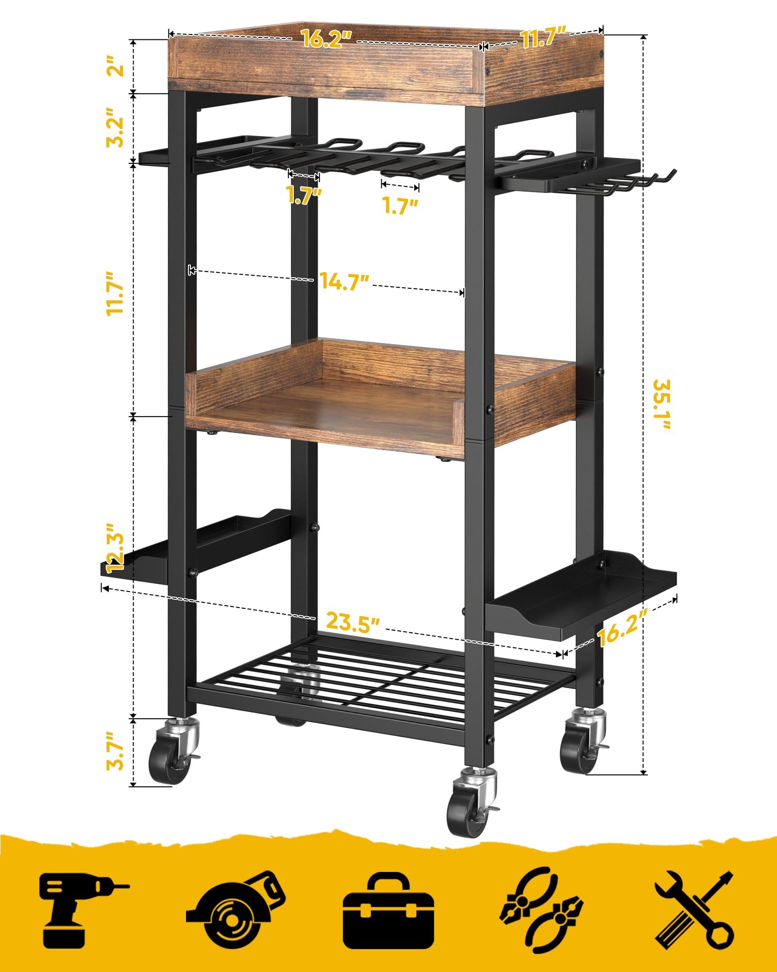 POKIPO Power Tool Cart, Heavy Duty Garage Shelving with Wheels, Movable Tool Box Cart Chest Organizer for Mechanic and Man Gift, Cordless Tool Storage for Garage and Garden