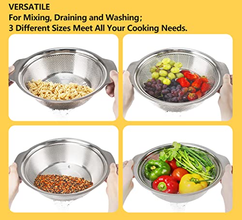 POJORY 3 Piece 304 Stainless Steel 2-3-3.5 Quart Colander Set with Handle, Micro-Perforated Strainers and Colanders, Great for Pasta, Noodles, Vegetables and Fruits, BPA Free