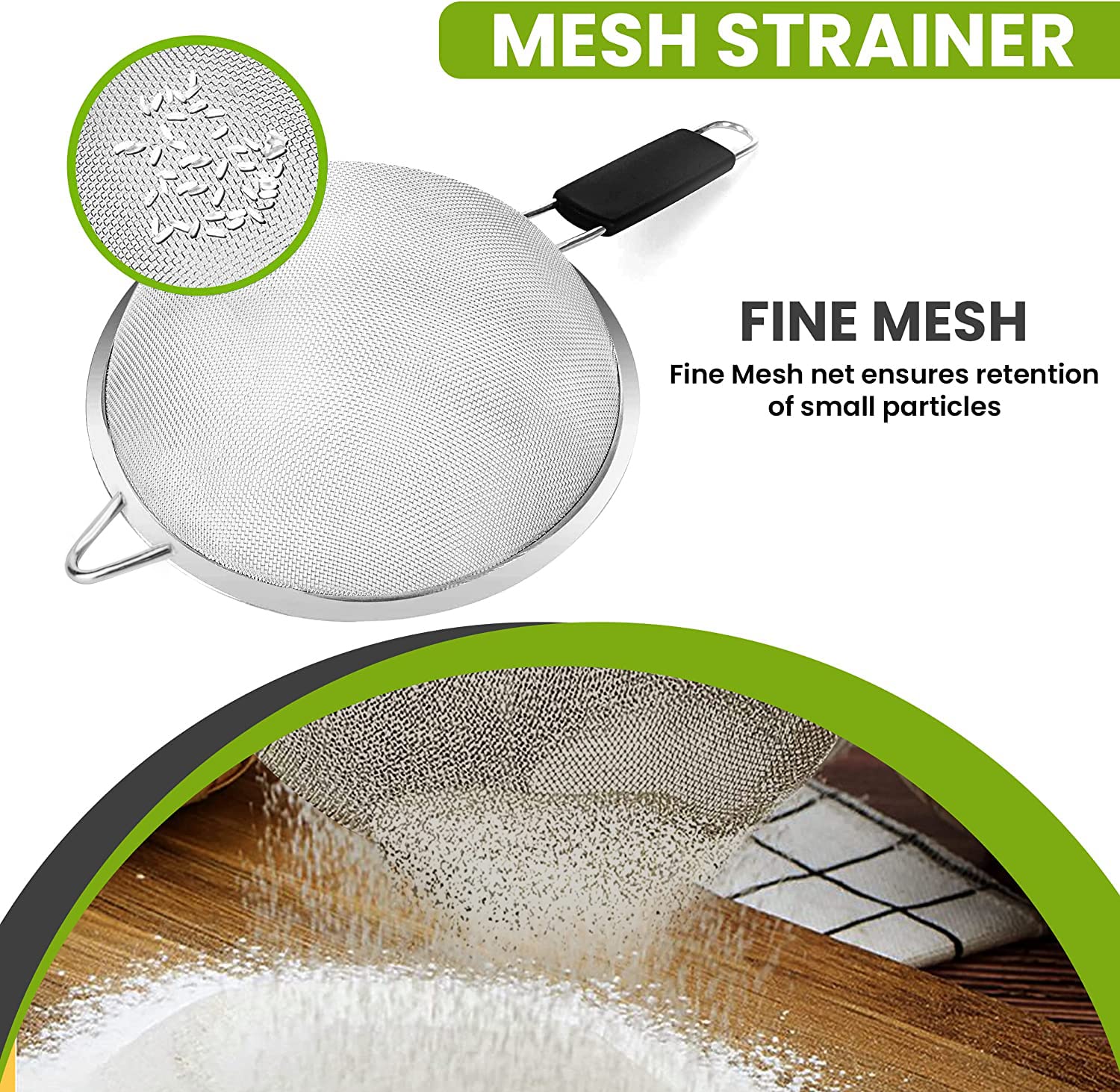 Fine Mesh Strainer with thermo plastic rubber handle - Sieve Fine Mesh Stainless Steel - Ideal to Sift Flour, Icing Sugar, Fruits and Vegetables (5.5 Inches)