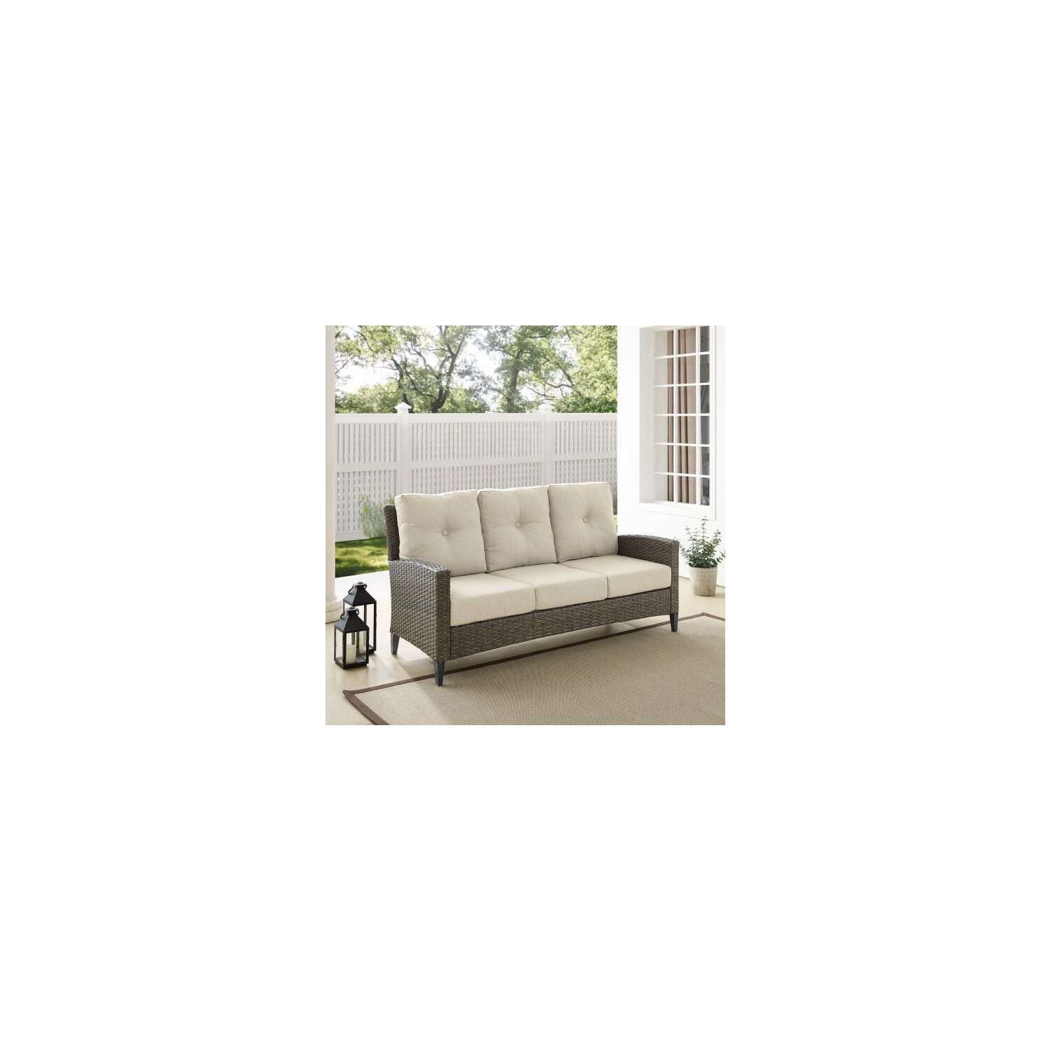 HonmeStock Urban Oasis Plush Upholstery Fabric Classic Outdoor Wicker High Back Sofa Oatmeal/Light Brown - 28" D x 77.13" W x 37.5" H