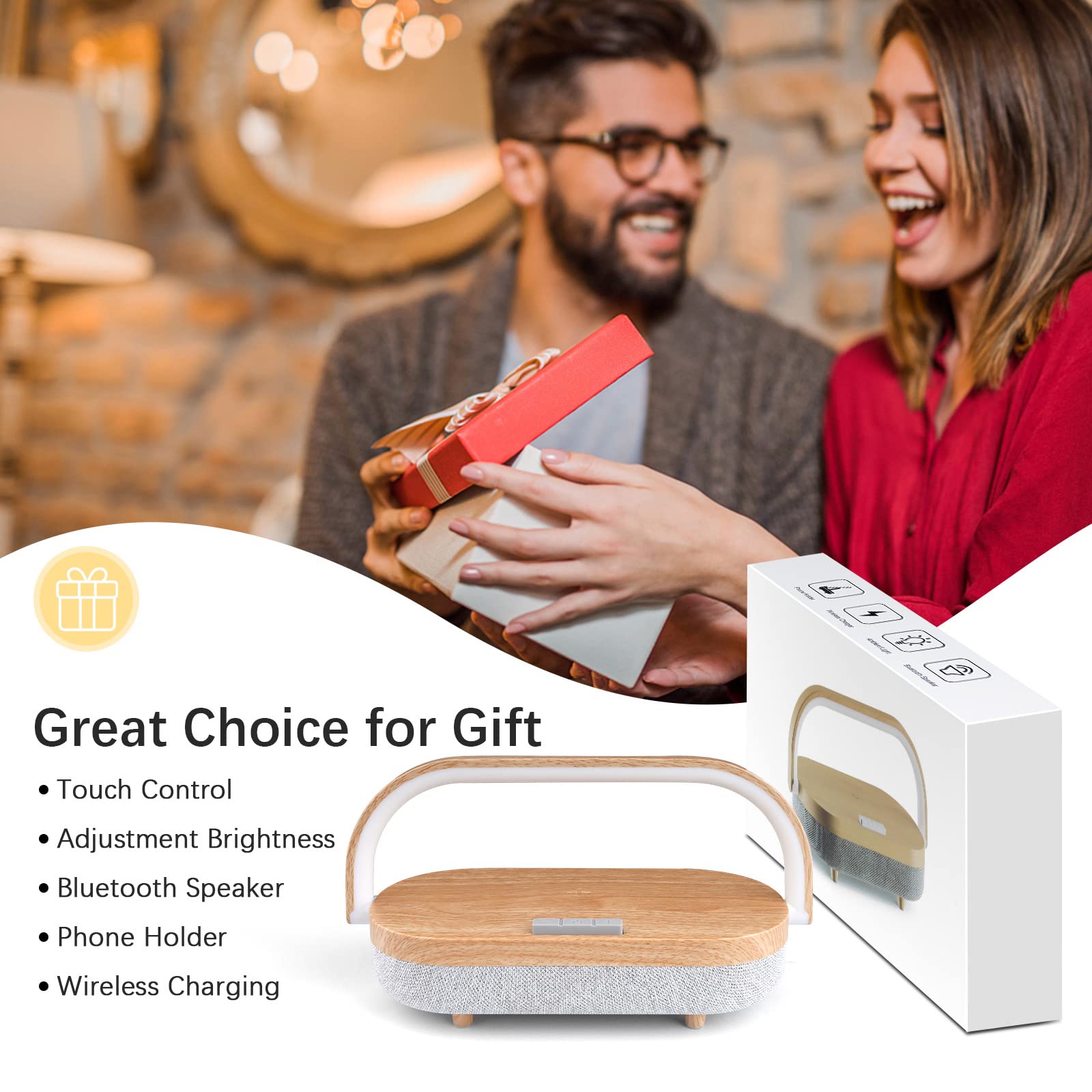 iGaur LED Bedside Lamp, Touch Lamps for Bedroom Nightstand, 4 in 1 Bedside Table Lamp with Wireless Charger, Portable Bluetooth Speaker, Phone Holder, Dimmable Charging Birthday Gifts for Women