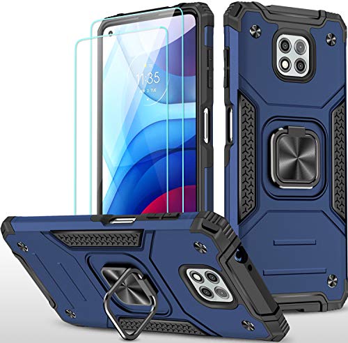 Amytor Designed for Motorola Moto G Power 2021 Case [2 x Tempered Glass Screen Protector] [ Military Grade ] 17Ft. Drop Tested Armor Protective Phone Case with Magnetic Car Mount Ring Kickstand (Blue)