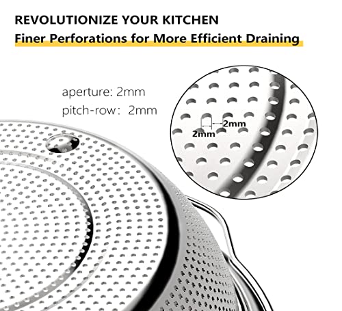 POJORY 3 Piece 304 Stainless Steel 2-3-3.5 Quart Colander Set with Handle, Micro-Perforated Strainers and Colanders, Great for Pasta, Noodles, Vegetables and Fruits, BPA Free