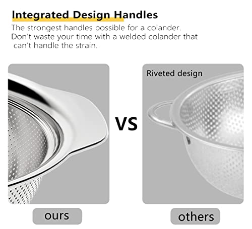 POJORY 3 Piece 304 Stainless Steel 2-3-3.5 Quart Colander Set with Handle, Micro-Perforated Strainers and Colanders, Great for Pasta, Noodles, Vegetables and Fruits, BPA Free