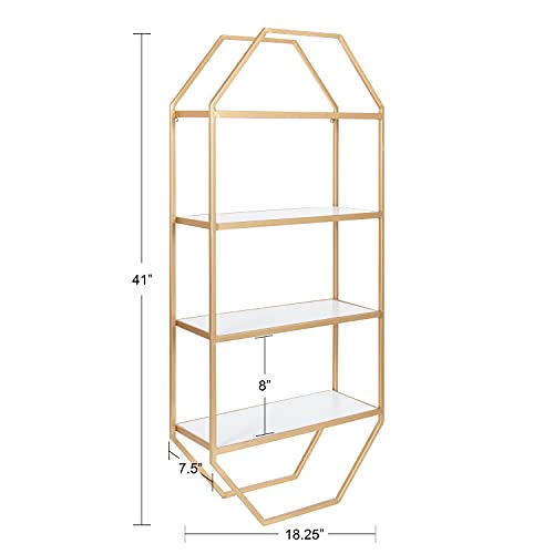 Kate and Laurel Adela Modern Octagon Wall Shelf, 18.25 x 7.5 x 41, White and Gold, Glam 4-Tier Shelf for Storage and Display