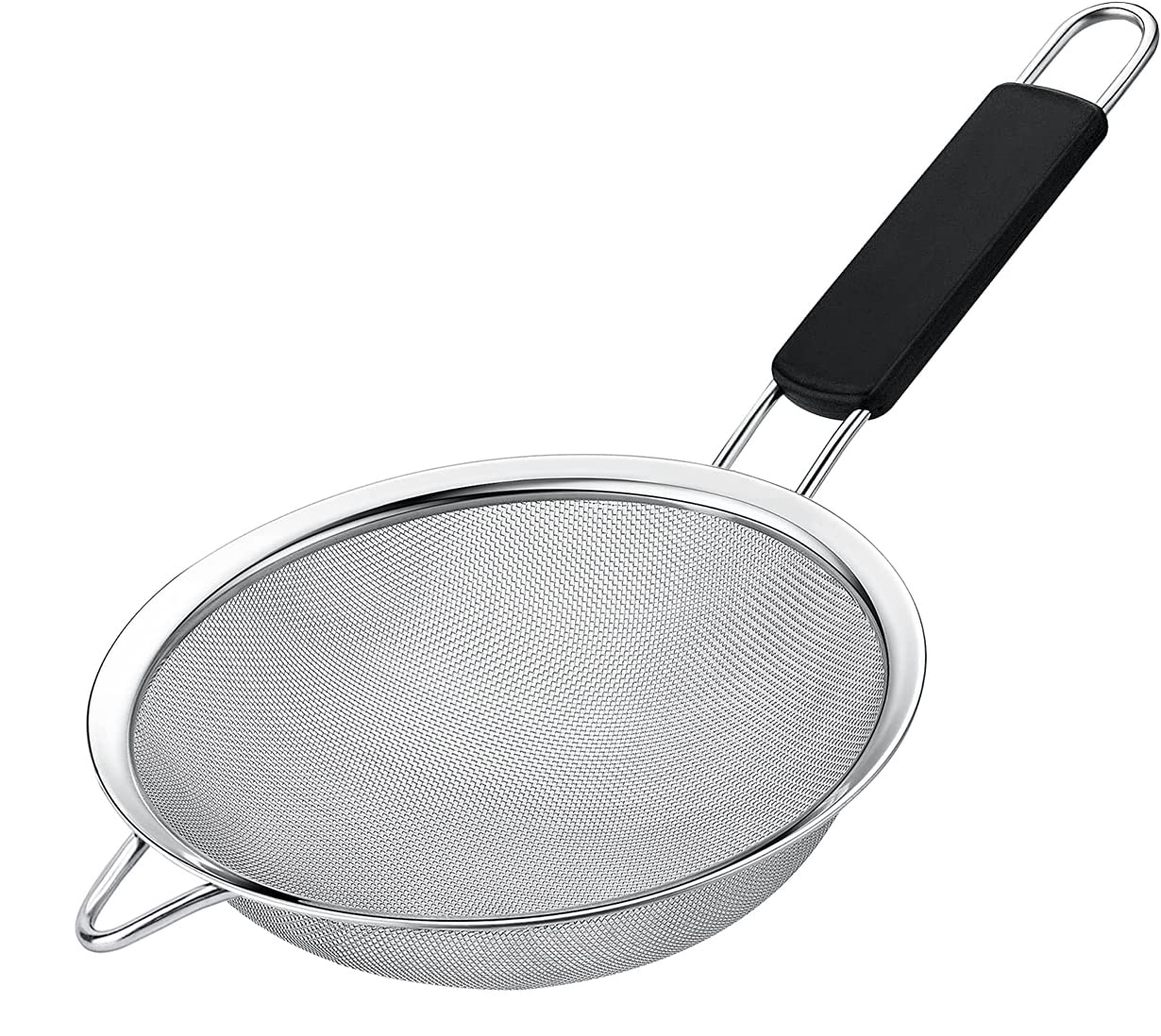 Fine Mesh Strainer with thermo plastic rubber handle - Sieve Fine Mesh Stainless Steel - Ideal to Sift Flour, Icing Sugar, Fruits and Vegetables (5.5 Inches)