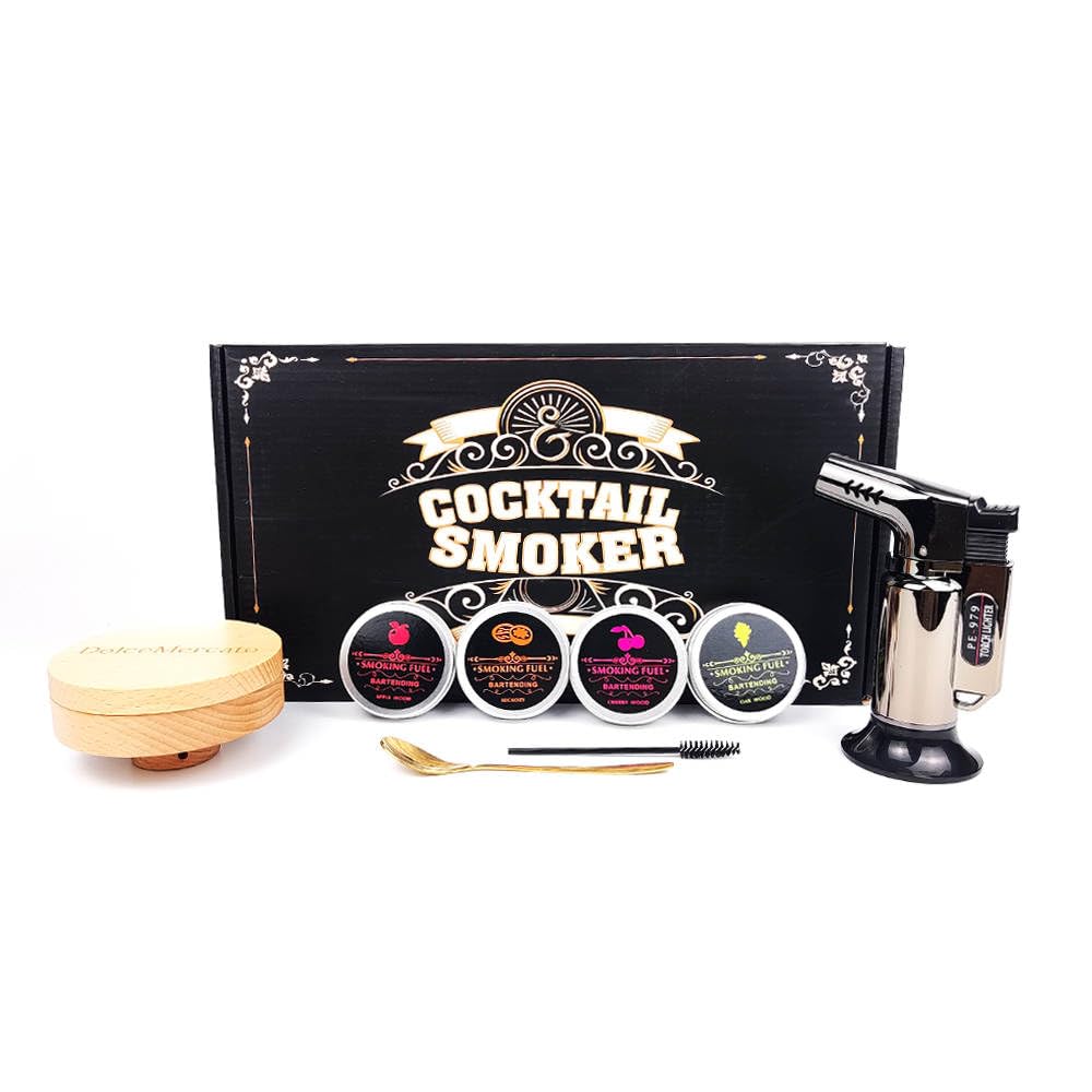 DolcheMercato Cocktail Smoker Kit with Torch β 4 Flavors Wood Chips Bourbon, Whiskey Smoker Infuser Kit, Old Fashioned Drink Smoker Kit (No Butane/Fuel)