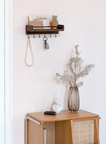 Mkono Key Holder for Wall, 9.5" x 3.5" x 2.5" Small Rustic Wood Floating Shelf with 6 Hooks Decorative Display Key Hanger for Living Room, Entryway, Bedroom, Bathroom,Office, Home Decor