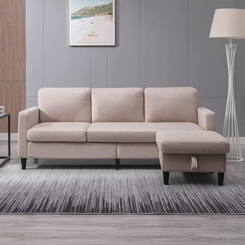 Urban Home Furniture Marcus 77" Mid Century Reversible Sectional with Storage Ottoman - Oatmeal