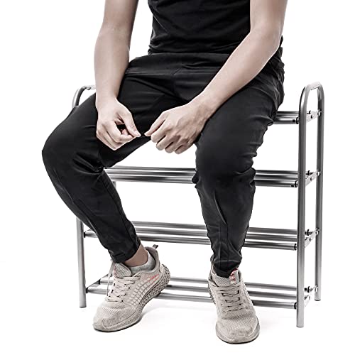 GUANJUNE 4 Tier Extendable Shoe Rack Organizer,Heavy Duty Metal Shelf Organize Holds Upto 20 Pairs Shoes,Space Saver Rack for Wardrobe