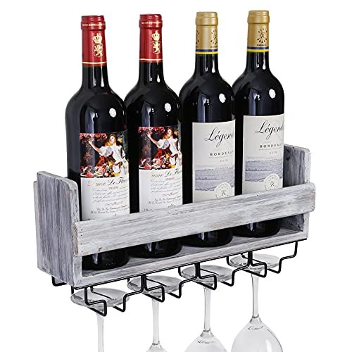 Satauko Wooden Wine Rack for 4 Long Stem Glass Storage, Wall Mounted Wine Bottle Holder for Living Room Display, Rustic Floating Wine Shelf Organizer for Home Kitchen Décor.(Gray)