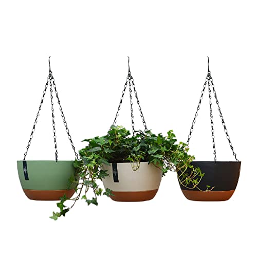 COGINQUS Hanging Planters Set,3pcs Hanging Flower Plant Pot with Drainage Hole,Removable Tray Basket for Indoor Outdoor Garden Herb Succulent Ceiling Wall Window Hanging Planter with Chain