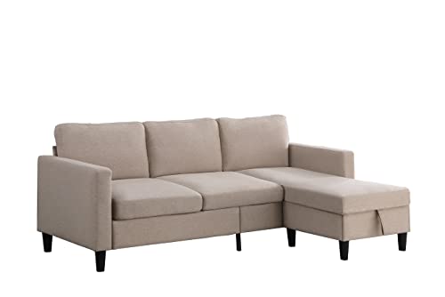 Urban Home Furniture Marcus 77" Mid Century Reversible Sectional with Storage Ottoman - Oatmeal