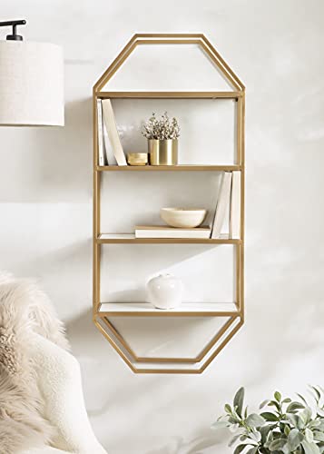 Kate and Laurel Adela Modern Octagon Wall Shelf, 18.25 x 7.5 x 41, White and Gold, Glam 4-Tier Shelf for Storage and Display