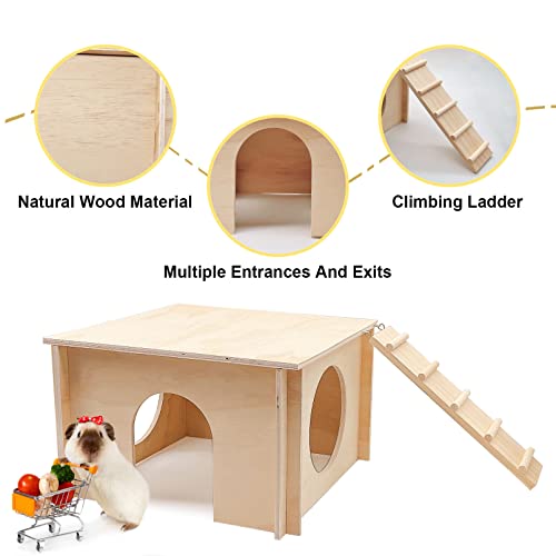 kathson Guinea Pig Hideout, Small Animal Hideaway Wooden House with Window and Ladder, Suitable for Hamsters, Chinchillas Small Animals