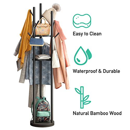 kiplant Rotary Coat Rack Stand with 8 Hooks, Bamboo Wood Coat Tree for Clothes/Bags/Hats, Coat Rack Freestanding for Home/Office/Entryway/Hallway