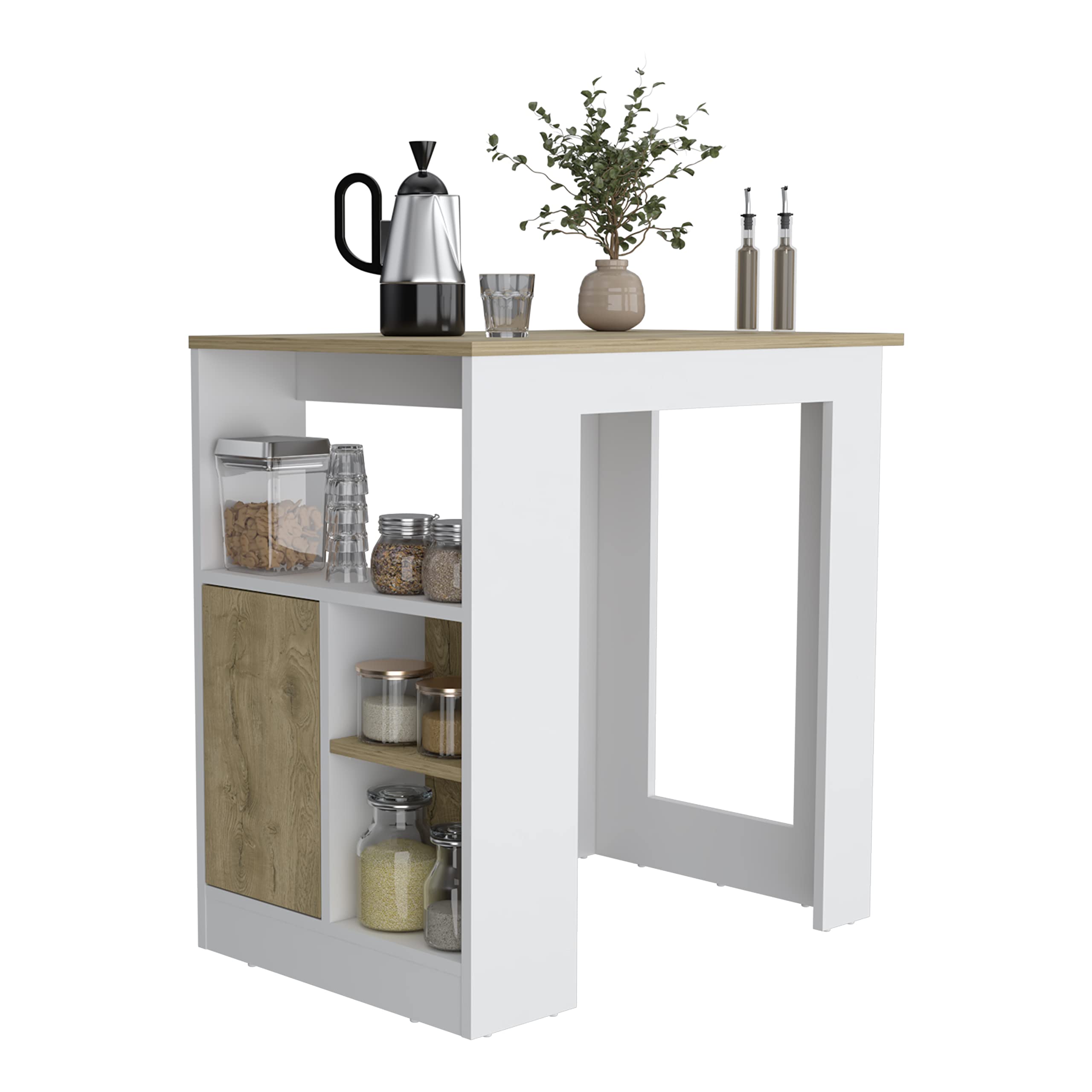 Depot E-Shop Masset Kitchen Island with Side Shelve and Push to Open Cabinet, White/Macadamia