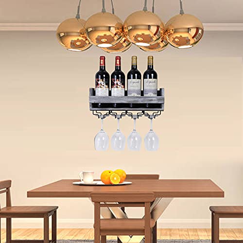 Satauko Wooden Wine Rack for 4 Long Stem Glass Storage, Wall Mounted Wine Bottle Holder for Living Room Display, Rustic Floating Wine Shelf Organizer for Home Kitchen Décor.(Gray)