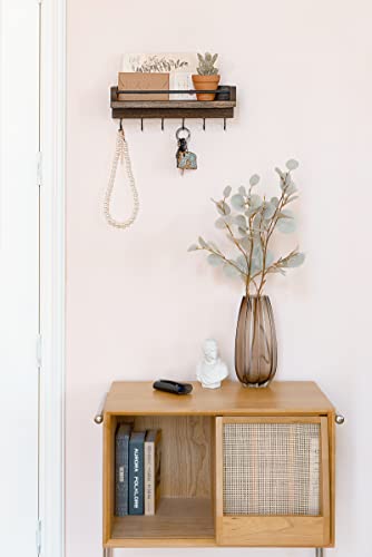 Mkono Key Holder for Wall, 9.5" x 3.5" x 2.5" Small Rustic Wood Floating Shelf with 6 Hooks Decorative Display Key Hanger for Living Room, Entryway, Bedroom, Bathroom,Office, Home Decor