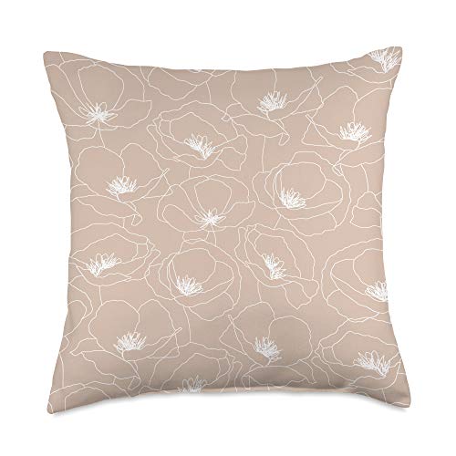 Floral Cute Minimalist Boho Modern Designs Poppy Flower Floral Pattern Beige and White Modern Neutral Throw Pillow, 18x18, Multicolor