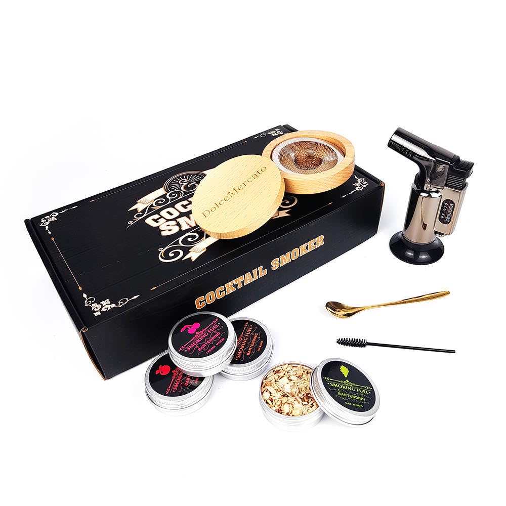 DolcheMercato Cocktail Smoker Kit with Torch ā 4 Flavors Wood Chips Bourbon, Whiskey Smoker Infuser Kit, Old Fashioned Drink Smoker Kit (No Butane/Fuel)