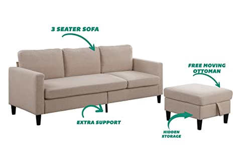Urban Home Furniture Marcus 77" Mid Century Reversible Sectional with Storage Ottoman - Oatmeal