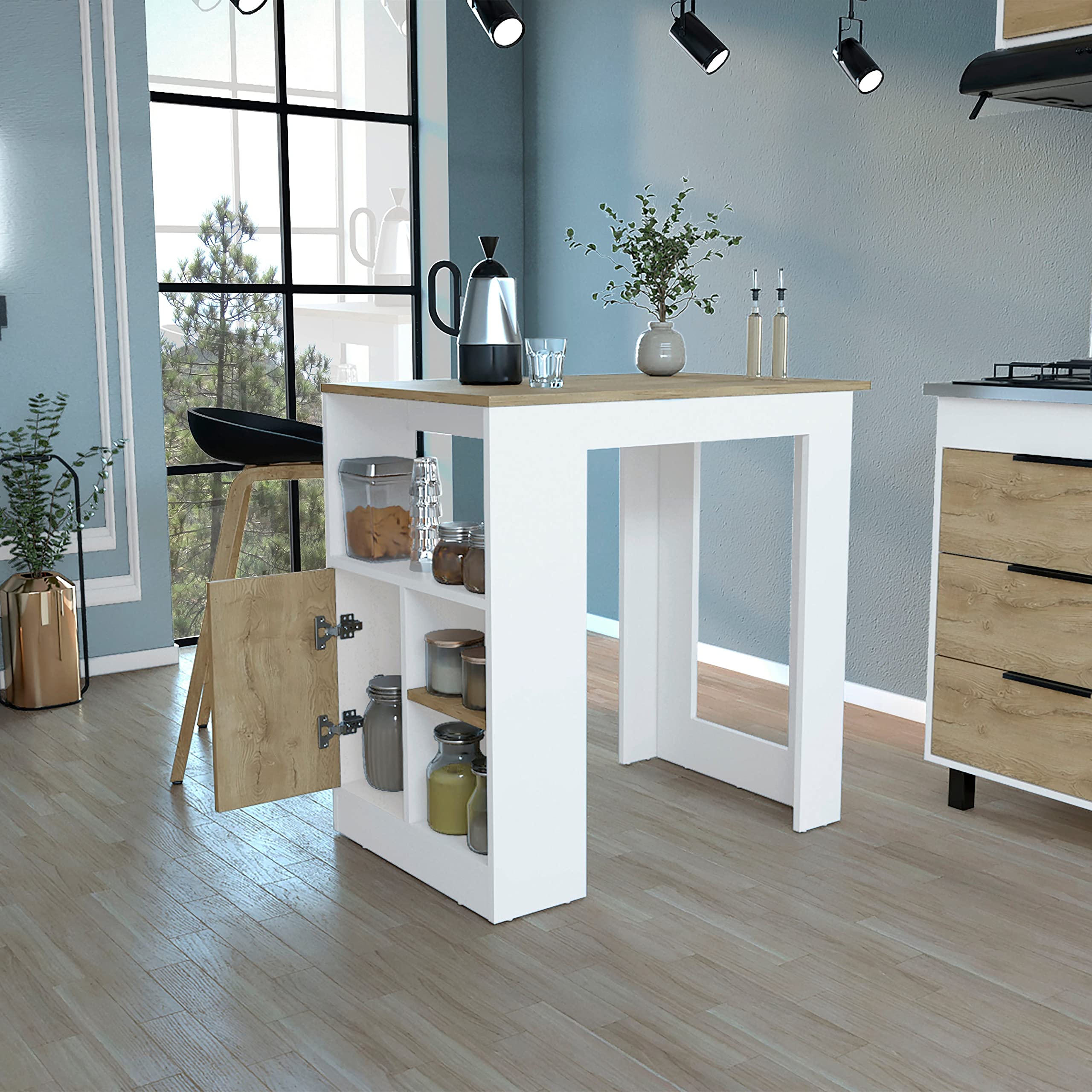 Depot E-Shop Masset Kitchen Island with Side Shelve and Push to Open Cabinet, White/Macadamia