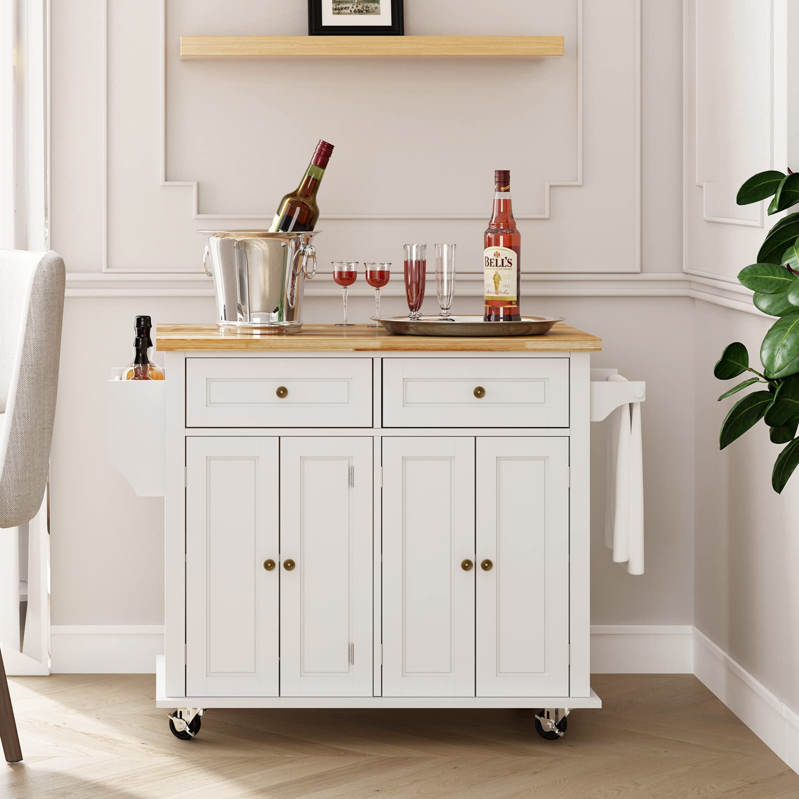 sogesfurniture Rolling Kitchen Island with 2 Drawers and Adjustable Shelves, Kitchen Cart with Rubberwood Countertop, Spice Rack and Towel Holder, Kitchen Island Cart on Wheels with Storage, White