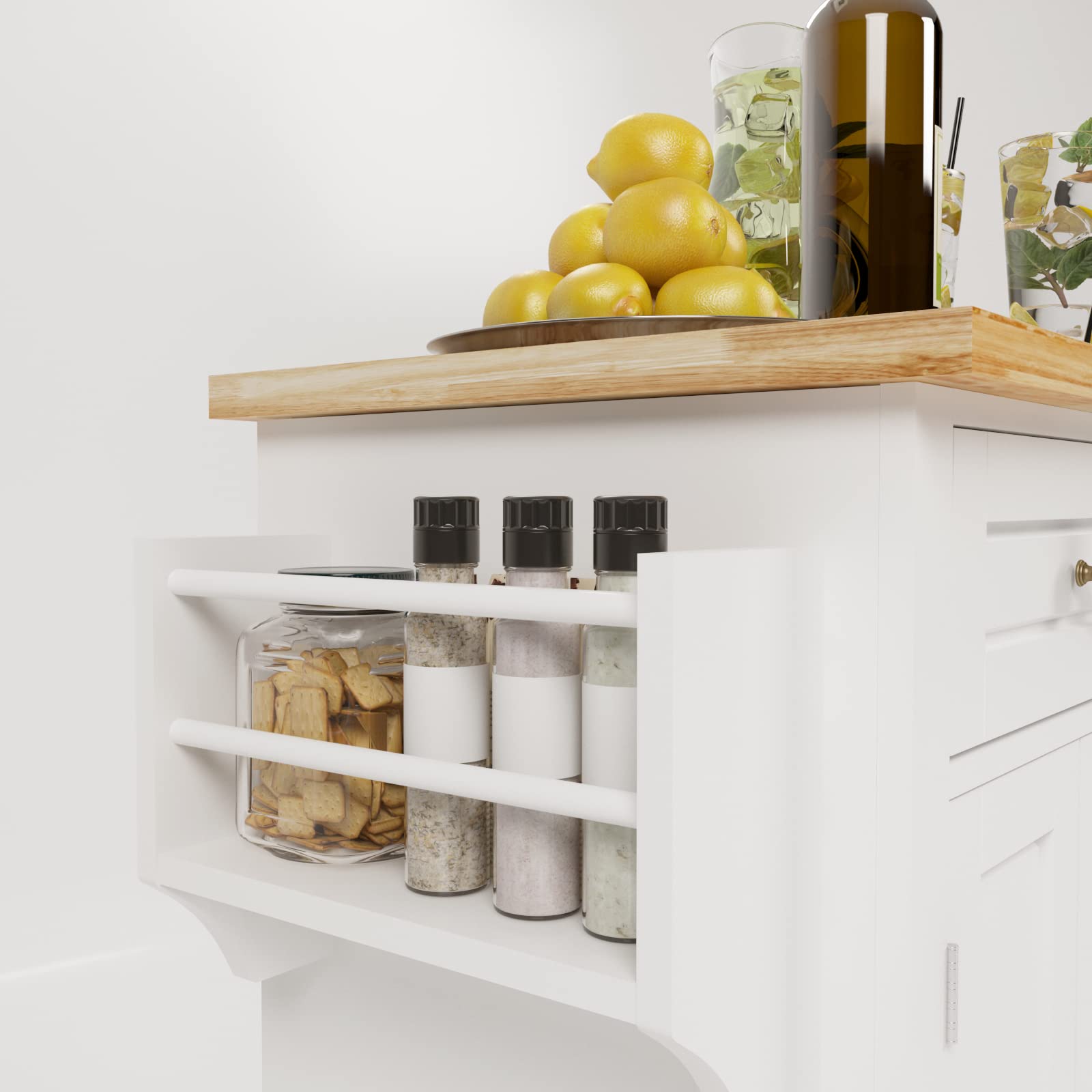 sogesfurniture Rolling Kitchen Island with 2 Drawers and Adjustable Shelves, Kitchen Cart with Rubberwood Countertop, Spice Rack and Towel Holder, Kitchen Island Cart on Wheels with Storage, White