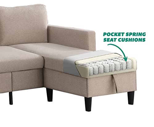 Urban Home Furniture Marcus 77" Mid Century Reversible Sectional with Storage Ottoman - Oatmeal