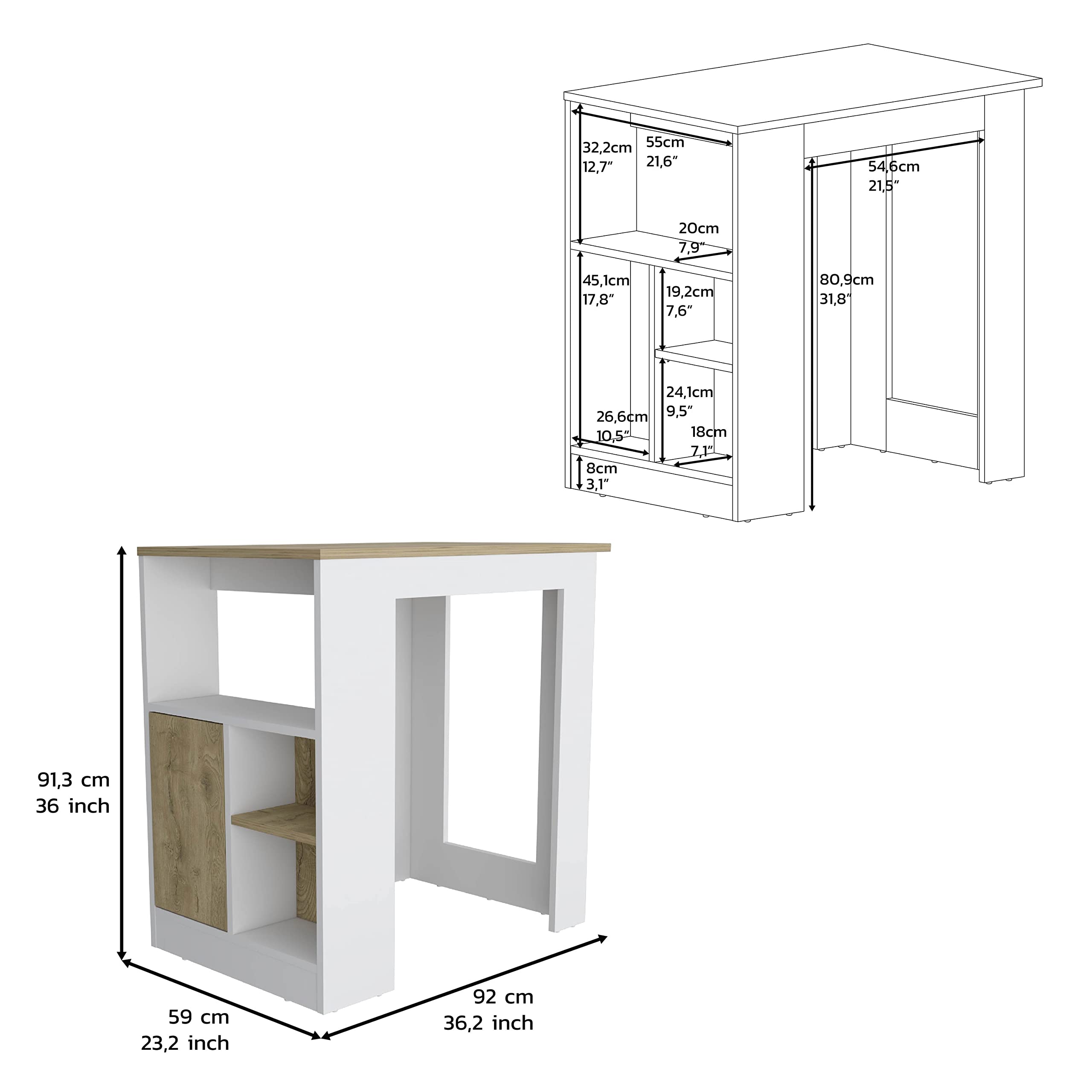 Depot E-Shop Masset Kitchen Island with Side Shelve and Push to Open Cabinet, White/Macadamia