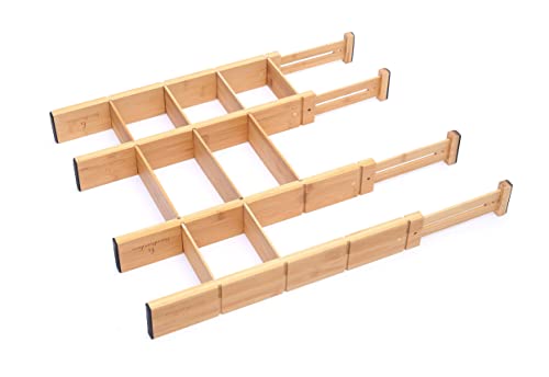 BamBamBoo Adjustable 17-22in Bamboo Dividers Organizers with 9 Inserts, Expandable Spring Loaded Drawer Dividers for Kitchen, Dresser, Bedroom, Bathroom, Office, and Garage (4 Pack)