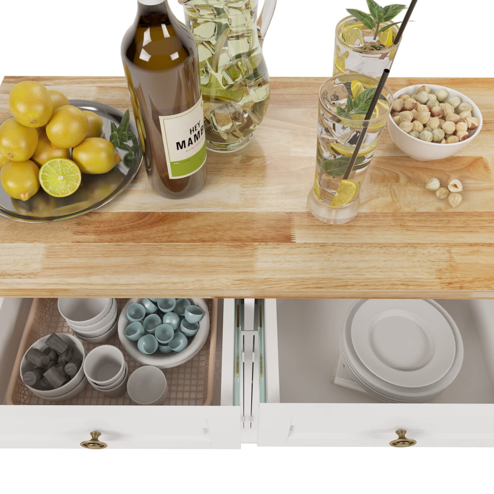 sogesfurniture Rolling Kitchen Island with 2 Drawers and Adjustable Shelves, Kitchen Cart with Rubberwood Countertop, Spice Rack and Towel Holder, Kitchen Island Cart on Wheels with Storage, White