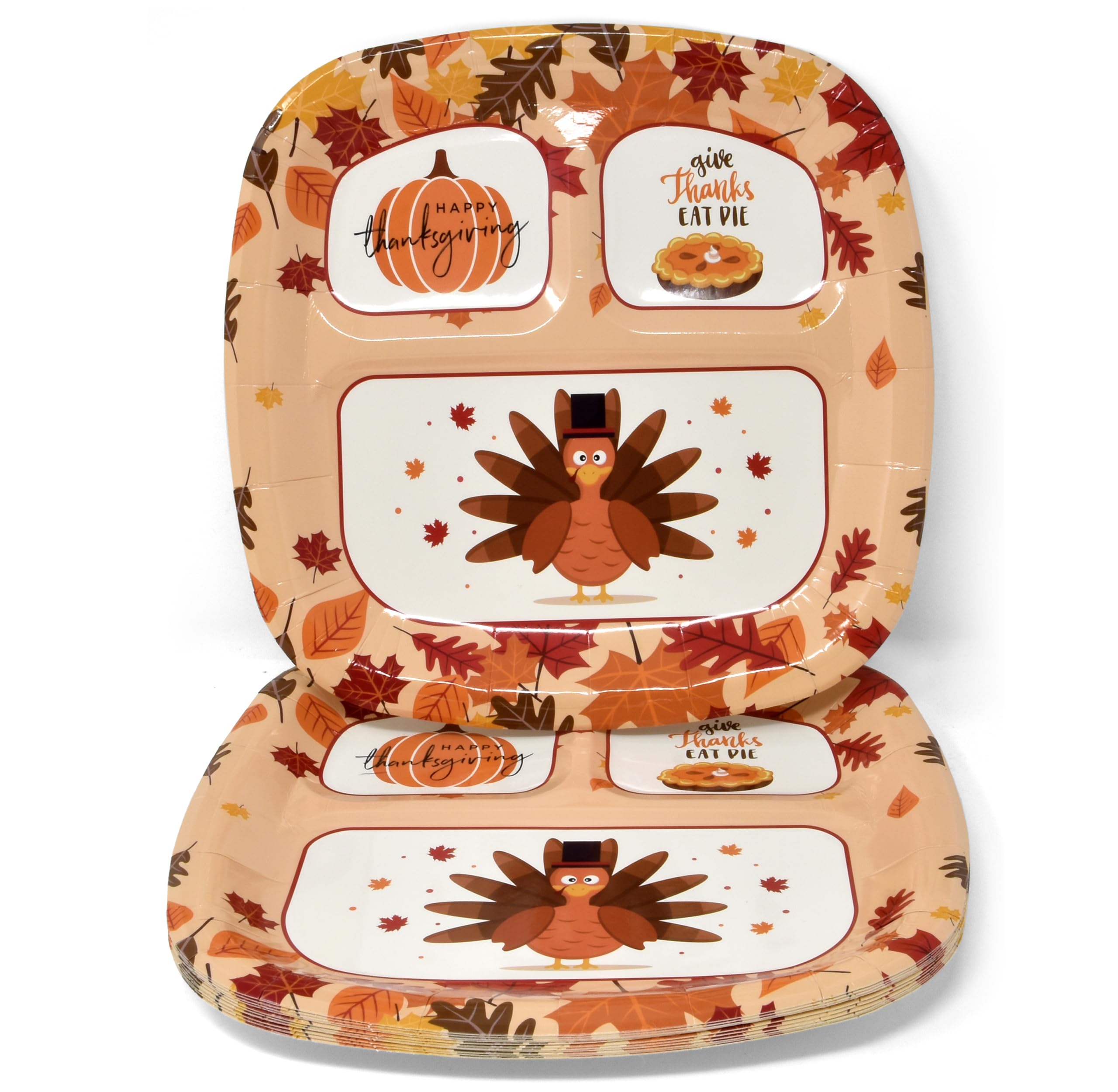 Gift Boutique 24 Pack Thanksgiving Divided Dinner Plate 9 inch Square 3 Section Plates for Fall Autumn Harvest Party Supply Disposable Paper Dinner Table Decorations with Turkey Pumpkin Leaf Design