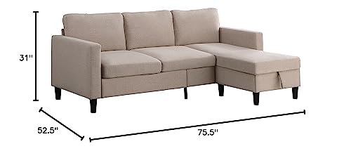 Urban Home Furniture Marcus 77" Mid Century Reversible Sectional with Storage Ottoman - Oatmeal