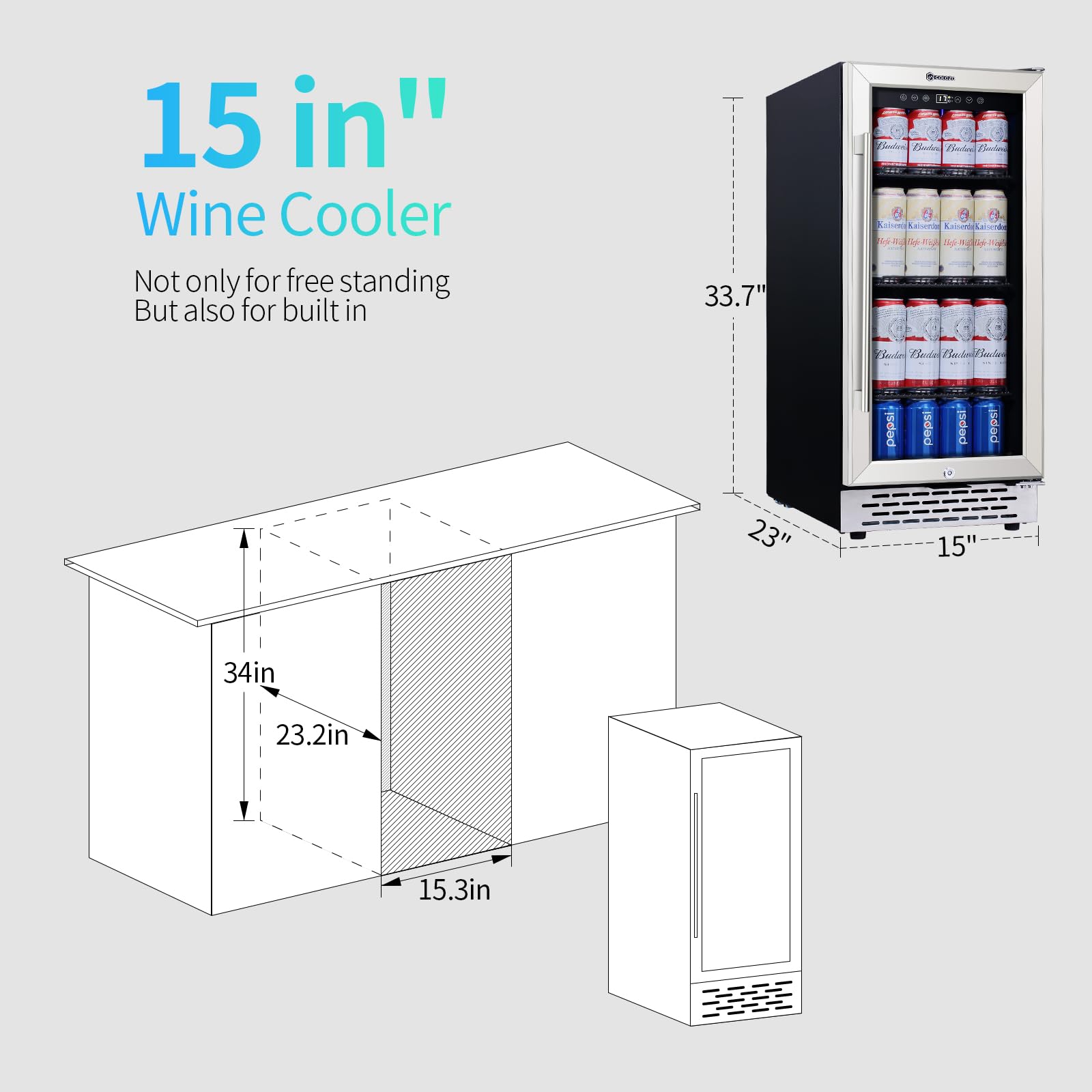 15 Inch Beverage Refrigerator Under Counter, Small Beverage Fridge with Glass Stainless Steel Door&Lock,130 Cans Beverage Cooler For Home, Built-in/Freestanding Mini Fridge for Beer Soda Wine Water